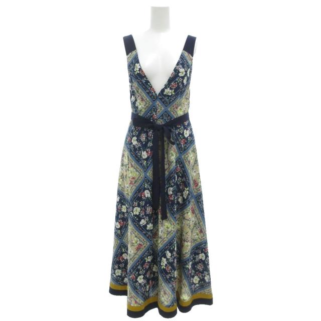 【中古】未使用品 ローズティアラ Rose Tiara タグ付き スカーフプリント ロング ワンピース Vネック ベルト付き 38