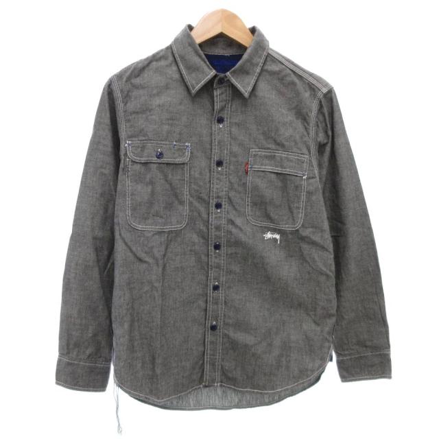 【中古】ステューシー STUSSY リーバイス ワークシャツ シャンブレー 長袖 M 刺繍 ロゴ ステッチ グレー /AE