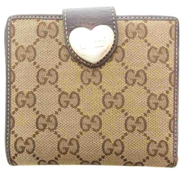 【中古】グッチ GUCCI 二つ折り財布 ウォレット GGキャンバス ハートロゴ Wホック レザー 茶 ブラウン 203549・2184