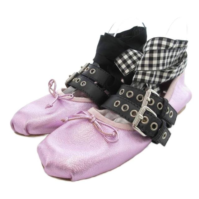 【中古】ミュウミュウ miumiu バレエ フラットシューズ パンプス メタリック レザー ダブルベルト リボン 38.5