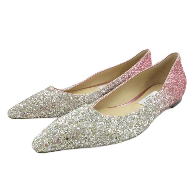 【中古】ジミーチュウ JIMMY CHOO ROMIY バレエ フラットシューズ パンプス ポインテッドトゥ グリッター レザー 38