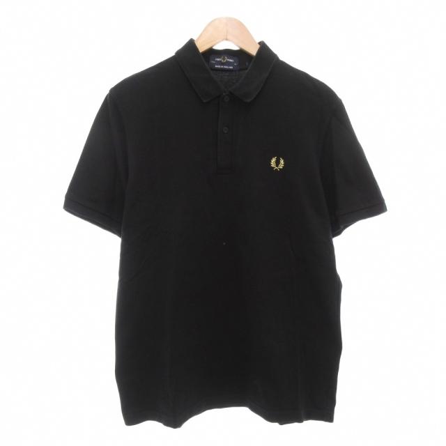 【中古】フレッドペリー FRED PERRY ポロシャツ 半袖 44 鹿の子 ロゴ 刺繍 コットン 英国製 黒 ブラック /AE メンズ