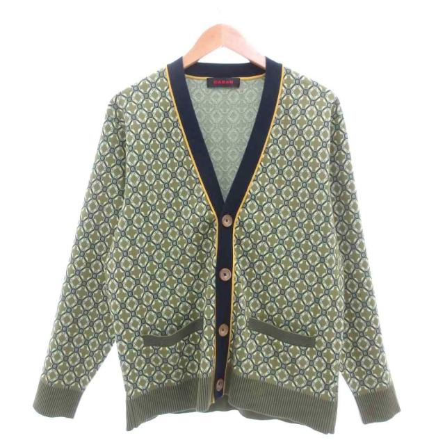 【中古】キャバン CABaN 24SS 美品 クロスタイルジャカード Vネックカーディガン ハイゲージ M ダークグリーン系