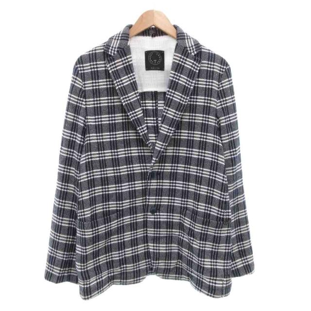 【中古】ティージャケット T-JACKET テーラードジャケット XL 背抜き シングル チェック柄 紺 ネイビー 春夏 /AE
