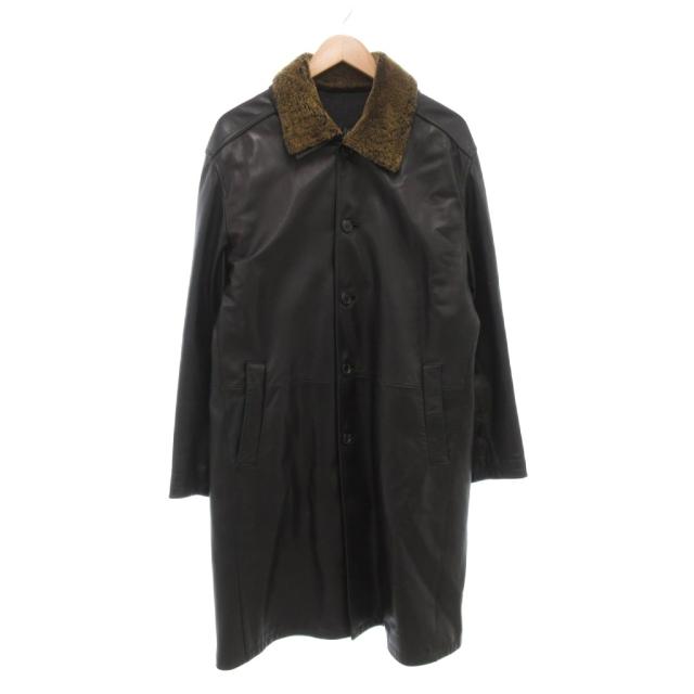 【中古】ギモズ GIMO'S ステンカラーコート レザー 本革 襟ボア 2WAY ロング丈 黒 ブラック /AE メンズ