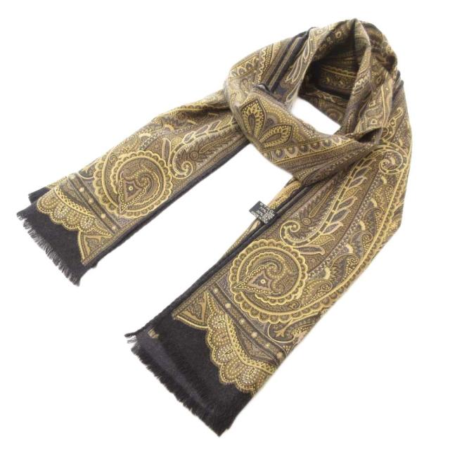 【中古】エトロ ETRO スカーフ ストール フリンジ ペイズリー柄 ウール シルク混 黒 ブラック 黄 イエロー /AE
