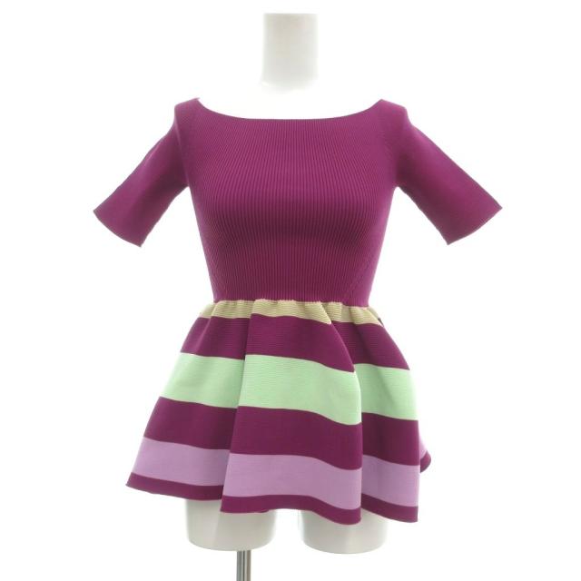 【中古】CFCL 美品 POTTERY HS OFF SHOULDER SHORT SLEEVE TOP リブ編み ニット カットソー ボーダー柄 ペプラム F