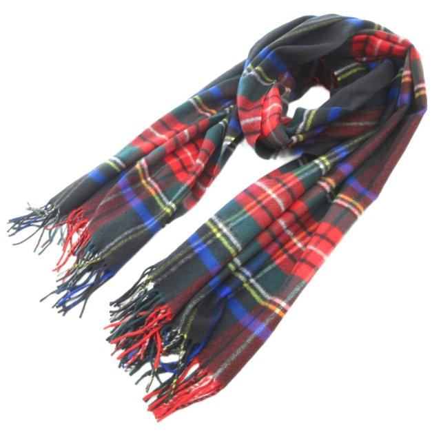 【中古】ジョンストンズオブエルガン カシミヤ 大判 ストール ショール ブラックスチュワート タータンチェック