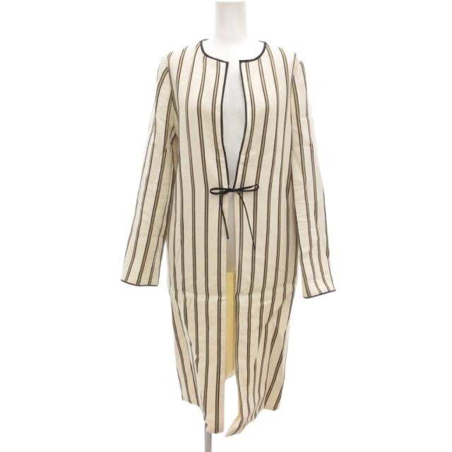 【中古】ジェイ&エムデヴィッドソン J&M Davidson ガウンコート リネン混 ノーカラー ストライプ柄 8 オフホワイト