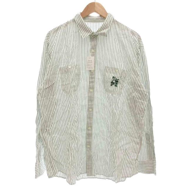 【中古】未使用品 パパス Papas タグ付き ストライプシャツ 長袖 オーバーサイズ LL カジュアル 刺繍 緑 グリーン