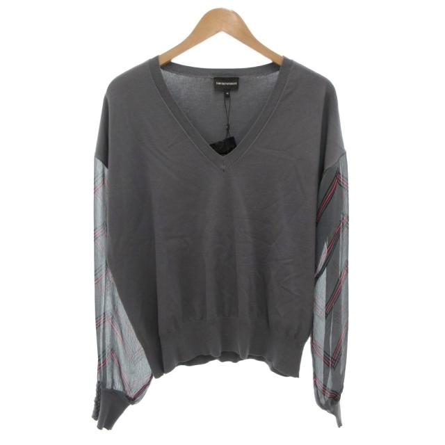 【中古】未使用品 エンポリオアルマーニ タグ付き ニット セーター 長袖 袖シアー切替 Vネック 格子柄 48 グレー