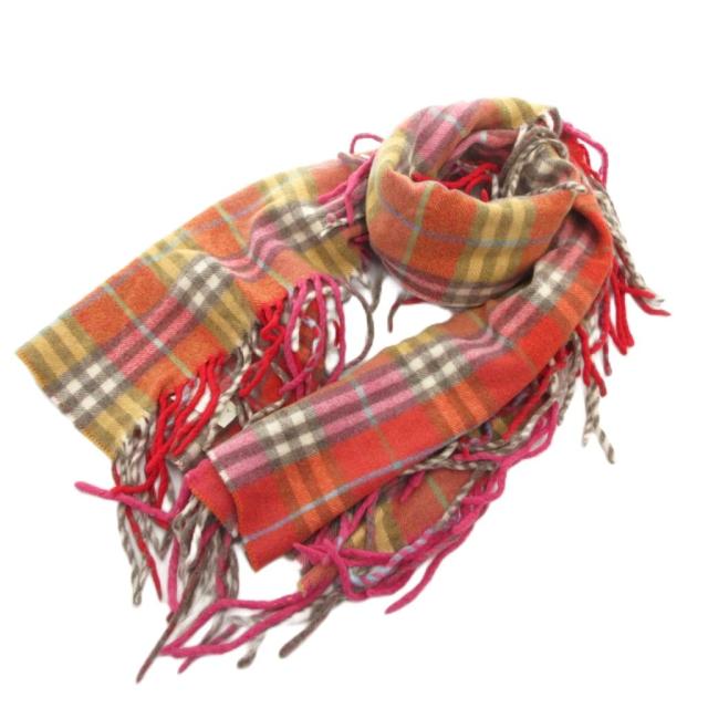 【中古】バーバリー BURBERRY マフラー ストール ウール カシミヤ混 赤 レッド フリンジ チェック /FF レディース