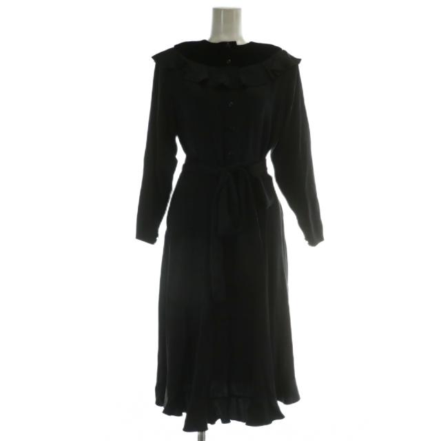 【中古】Christian Dior PRET A PORTER ワンピース シルク ベロア 切り替え 長袖 ロング 肩パッド ベルト付き 7 S 黒