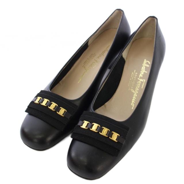 【中古】サルヴァトーレフェラガモ パンプス スクエアトゥ レザー チャンキーヒール 6C 黒 レディース