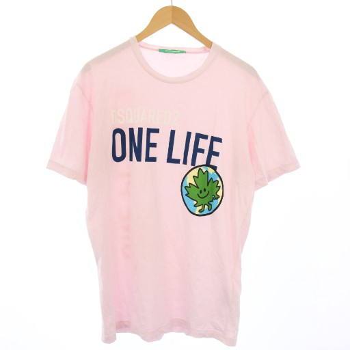 【中古】ディースクエアード ONE LIFE ONE PLANET Tシャツ カットソー 半袖 ロゴ プリント L ピンク メンズ