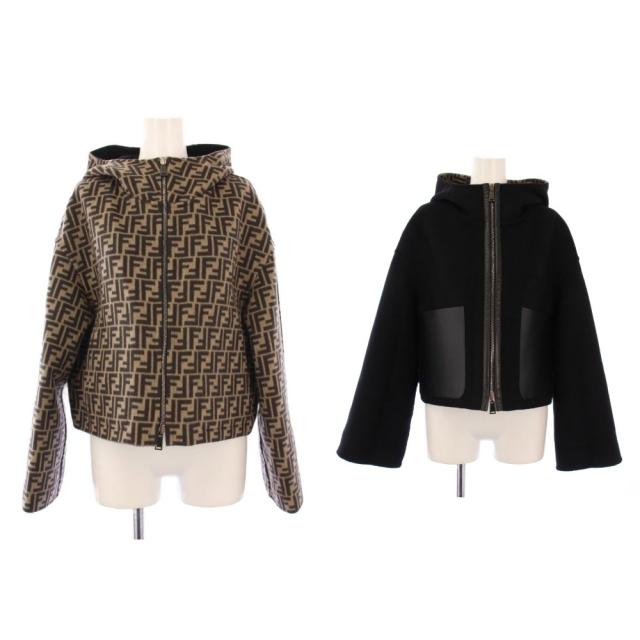 【中古】フェンディ FENDI FFロゴリ バーシブル クロップドジャケット フーディ アウター 38 黒 ベージュ