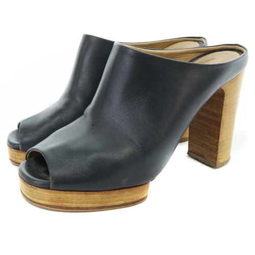 【中古】ルメール LEMAIRE チャンキーヒール レザーサンダル ハイヒール 23.5cm 黒 べージュ /SR4 ■SH レディース