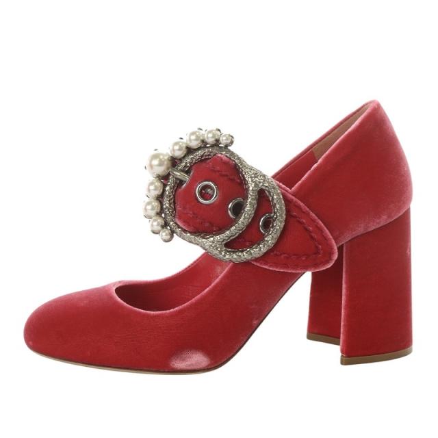 【中古】ミュウミュウ miumiu メリージェーン ベルベット パールバックルパンプス チャンキーヒール 34 ピンク 51098B
