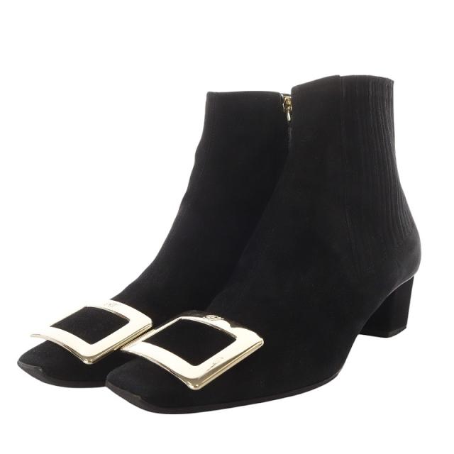 【中古】ロジェヴィヴィエ ROGER VIVIER ベル ヴィヴィエ スエード チェルシー ブーツ ショート サイドゴア 34.5 黒