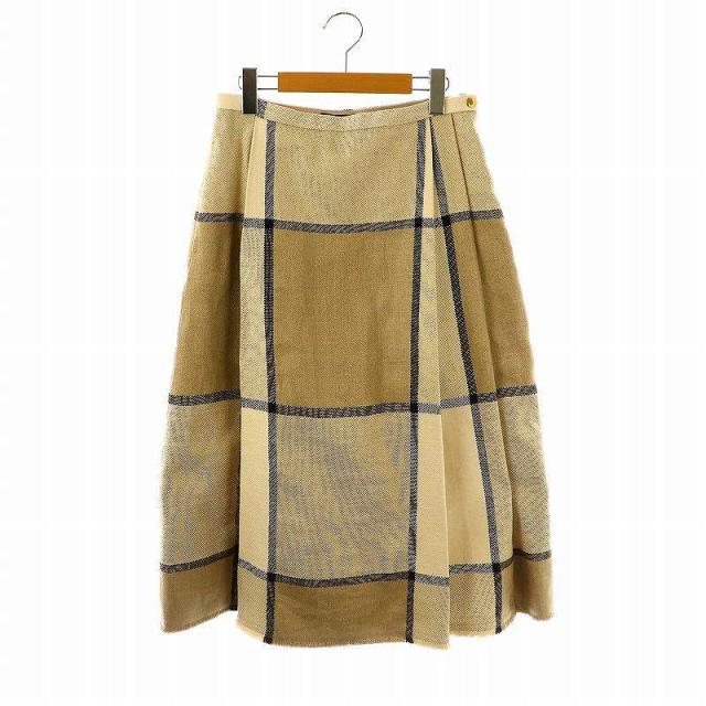 【中古】ドゥロワー ウィンドウペンチェック裾フリンジスカート フレア リネン シルク混 38 生成り 黒 レディース