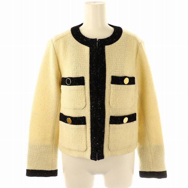 【中古】グレースクラス ラメツイードバイカラージャケット ノーカラー ウール 36 アイボリー 黒 ■SH レディース