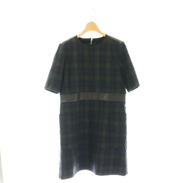 【中古】ドゥロワー ウールカシミヤレザー切替チェック柄ショートスリーブドレス ワンピース 膝丈 40