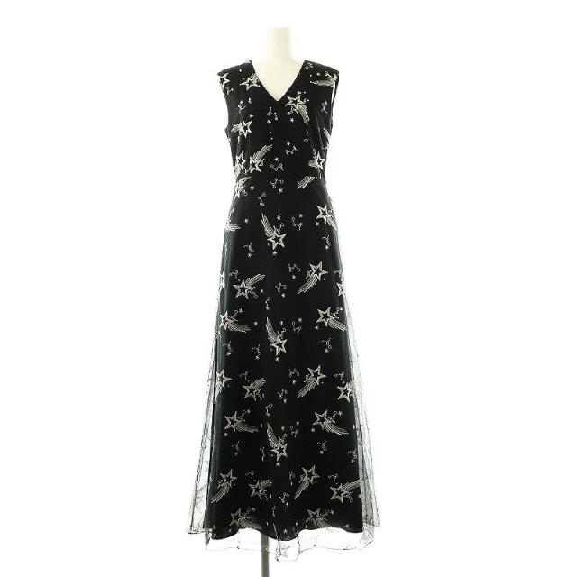 【中古】グレースクラス チュール刺繍ビジュードレス ワンピース ロング Vネック 36 ブラック シルバー色