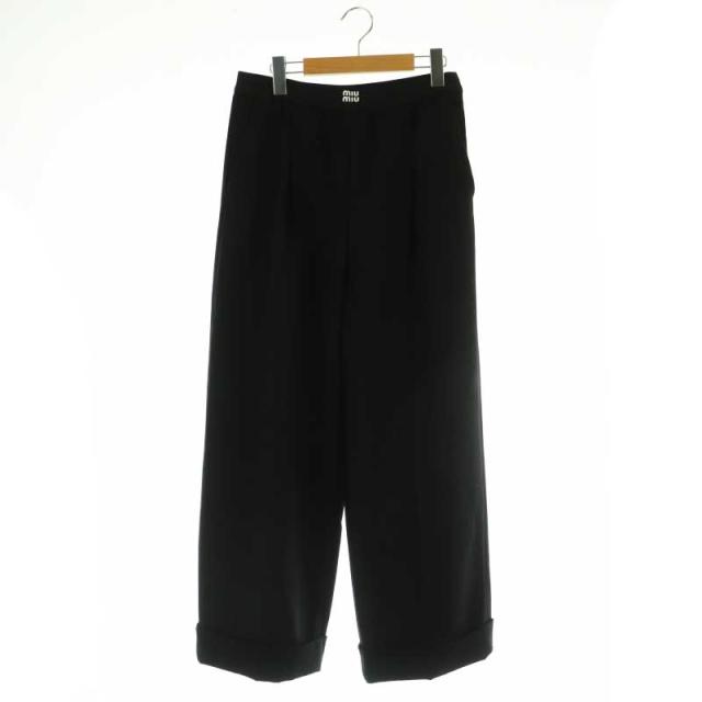 【中古】ミュウミュウ miumiu MP1702 グラン ドゥ プードル パンツ ストレート ロゴ タック ウール 40 黒 ブラック