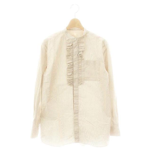 【中古】ドゥロワー コットンストライプフリルスタンドカラーシャツ 長袖 38 モカ ホワイト /DO ■OS