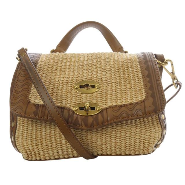 【中古】ザネラート ポスティーナ BABY ラフィア ショルダーバッグ べージュ 茶色 ブラウン /SR28 レディース