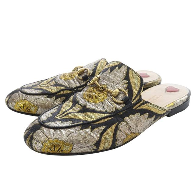 【中古】グッチ ホースビット プリンスタウン ミュール 36.5 黒 ゴールド色 432773 /SR33 レディース