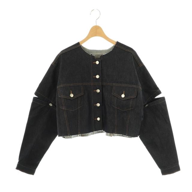 【中古】ハニーミーハニー 25SScropped slit denim jacket ジャケット ノーカラー デニム F 紺 ■OS ■SH レディース