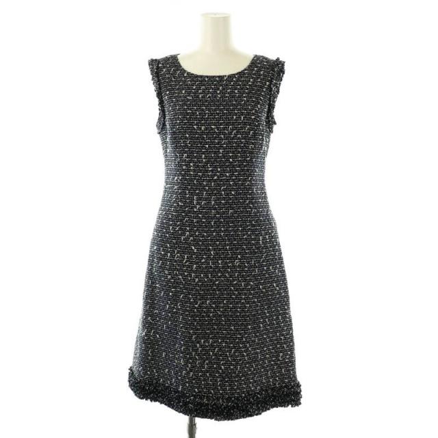【中古】ルネ Rene × TISSUE 22年 ツイードノースリーブワンピース ひざ丈 34 ネイビー ホワイト レディース