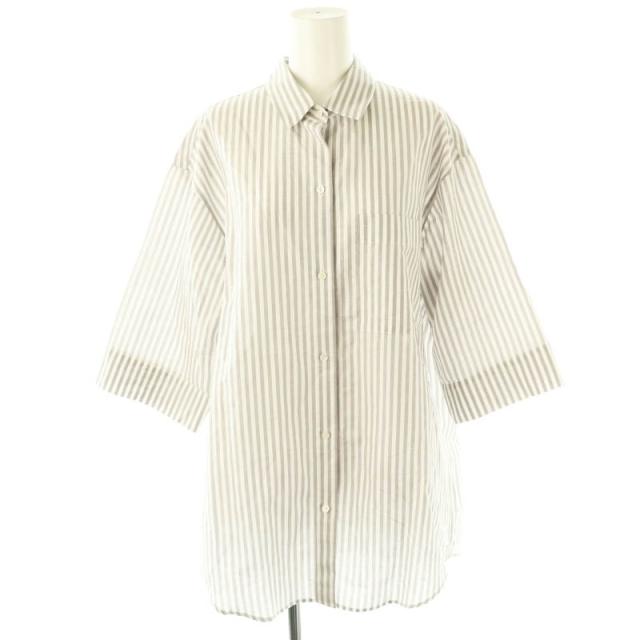 【中古】エブール ebure コットンリネン ストライプ ブラウス シャツ 七分袖 38 グレー ホワイト レディース