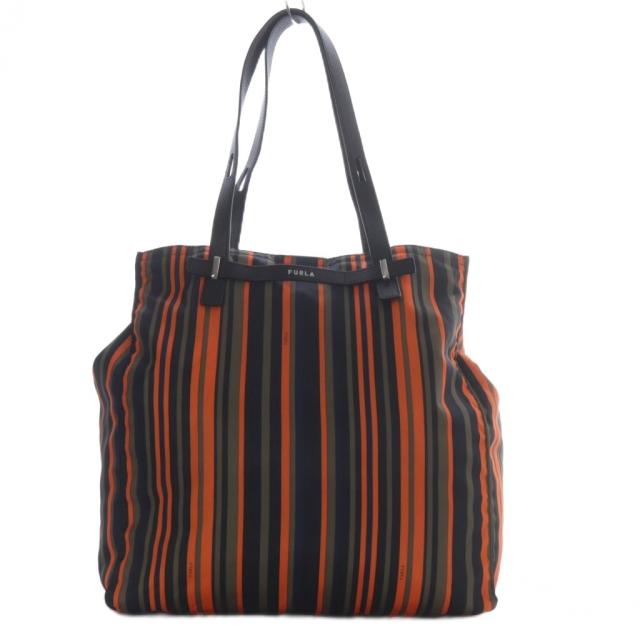 【中古】フルラ FURLA MAN GIOVE ナイロン ストライプ柄 トートバッグ オレンジ ブラック ブラウン U729M07