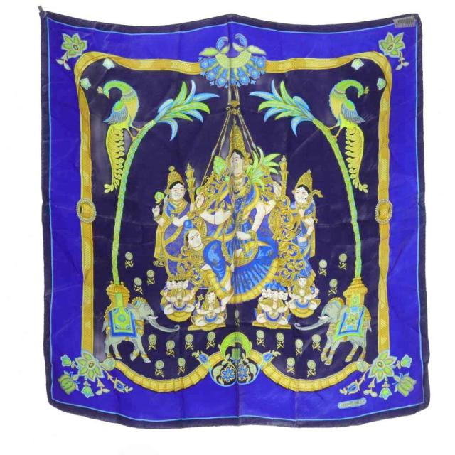 【中古】エルメス HERMES india スカーフ 総柄 シルク 青 ブルー カレ90 /SR ■OH レディース