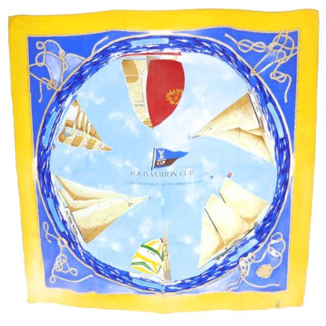 【中古】ルイヴィトン LOUIS VUITTON ルイヴィトンカップ記念 スカーフ シルク ブルー イエロー
