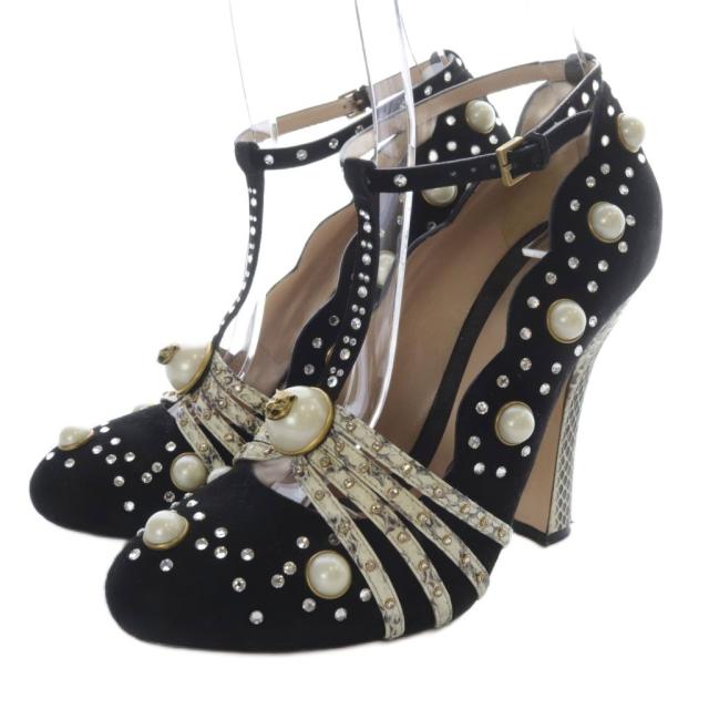 【中古】グッチ GUCCI ビジュー パール パイソンヒール パンプス 39.5 黒 ブラック アイボリー 447601 /SR21 レディース