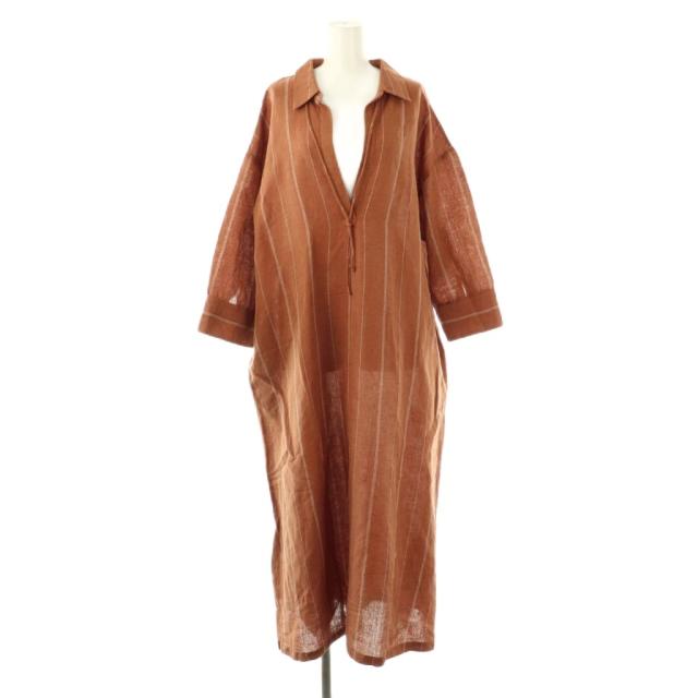 【中古】ノーメント normment ストライプ柄リネンワンピース ロング F 茶 ブラウン 白 ホワイト /SS ■OS