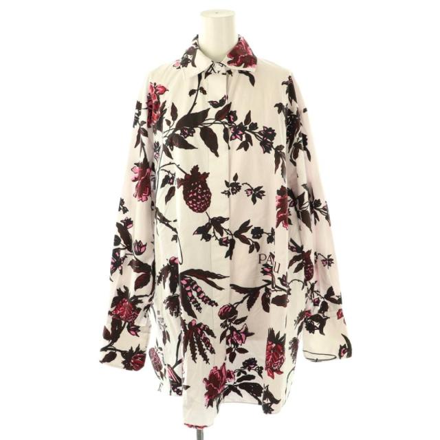 【中古】パトゥ PATOU コットンプリントミニシャツドレス ブラウス 長袖 前開き 34 白 赤 黒 /NR ■OS レディース