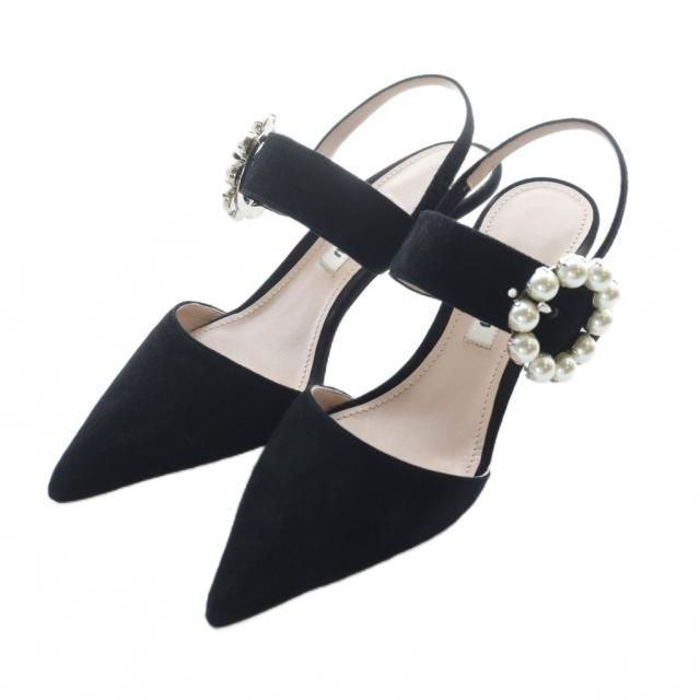 【中古】ミュウミュウ miumiu パンプス ポインテッドトゥ ピンヒール ストラップ スエード 34 21cm 黒 ブラック