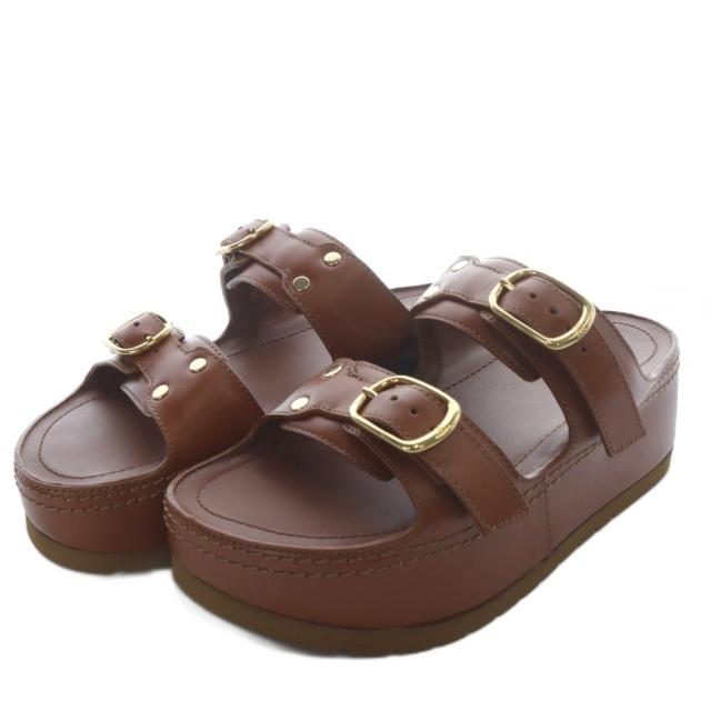 【中古】セリーヌ CELINE ポリー ウェッジミュール サンダル プラットフォーム トリオンフ カーフスキン 34 タン