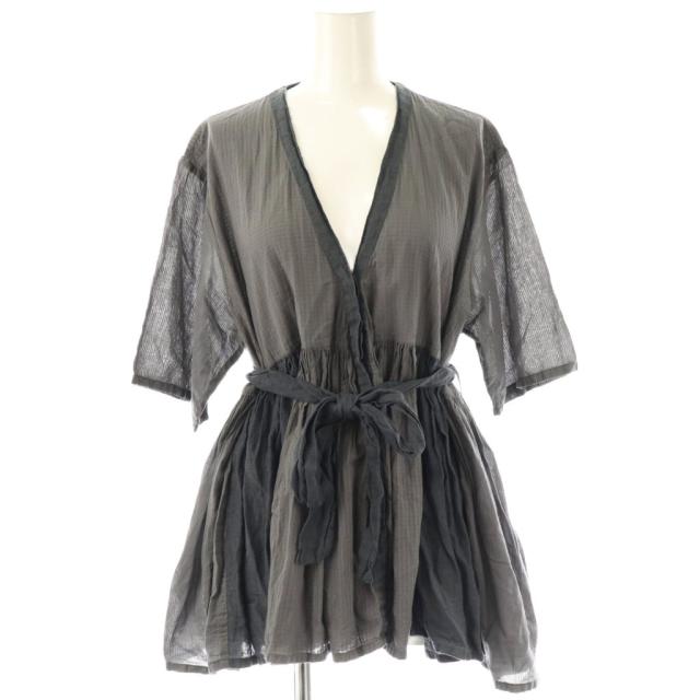 【中古】メゾンドソイル コットンリネンパッチワークギャザーラップブラウス 五分袖 ストライプ 1