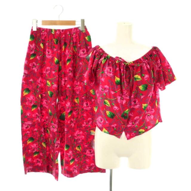 【中古】ケンゾー vintage エルカ期 フラワートップス×パンツ セットアップ カットソー イージー 花柄 M 赤