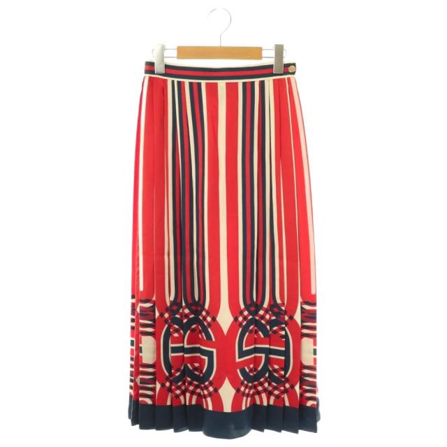 【中古】グッチ GUCCI 近年モデル 総柄 シルク プリーツ スカート 36 赤 紺 ベージュ 686960 /CX ■OS