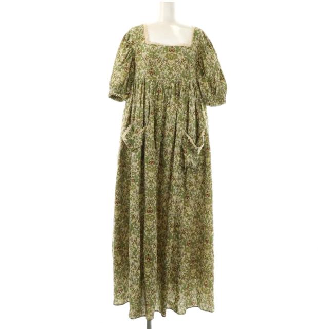 【中古】セブンテンバイミホカワヒト スカラップレースプリントワンピース ロング 半袖 M グリーン