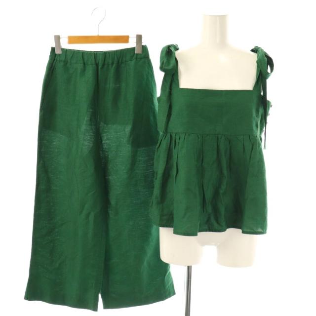 【中古】マイラン Linen Shoulder Ribbon Blouse セットアップ キャミブラウス ワイドパンツ S F グリーン ピンク