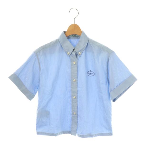 【中古】プラダ PRADA 23年 P459GR ロゴ刺繍 BD ハーフスリーブシャツ ボタンダウン 38 ブルー /HK ■OS ■SH