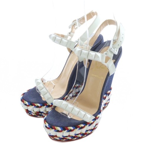 【中古】クリスチャンルブタン CATACLOU140 カタクロウ ウェッジソールサンダル デニム レザー 本革 スタッズ 21cm