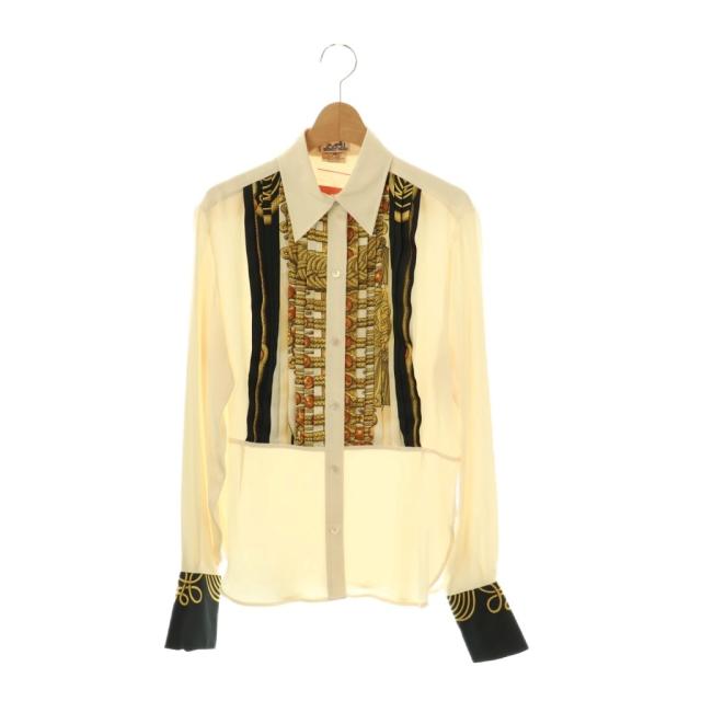 【中古】エルメス HERMES 総柄ピンタック長袖シャツ 38 アイボリー マルチカラー /DO ■OS レディース
